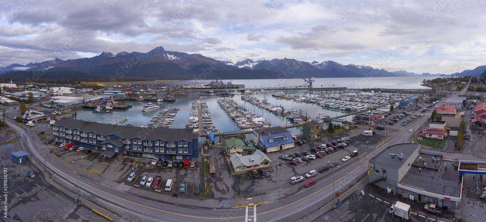 Aerial view of Seward Boat Harbor and waterfront panorama in fall ...