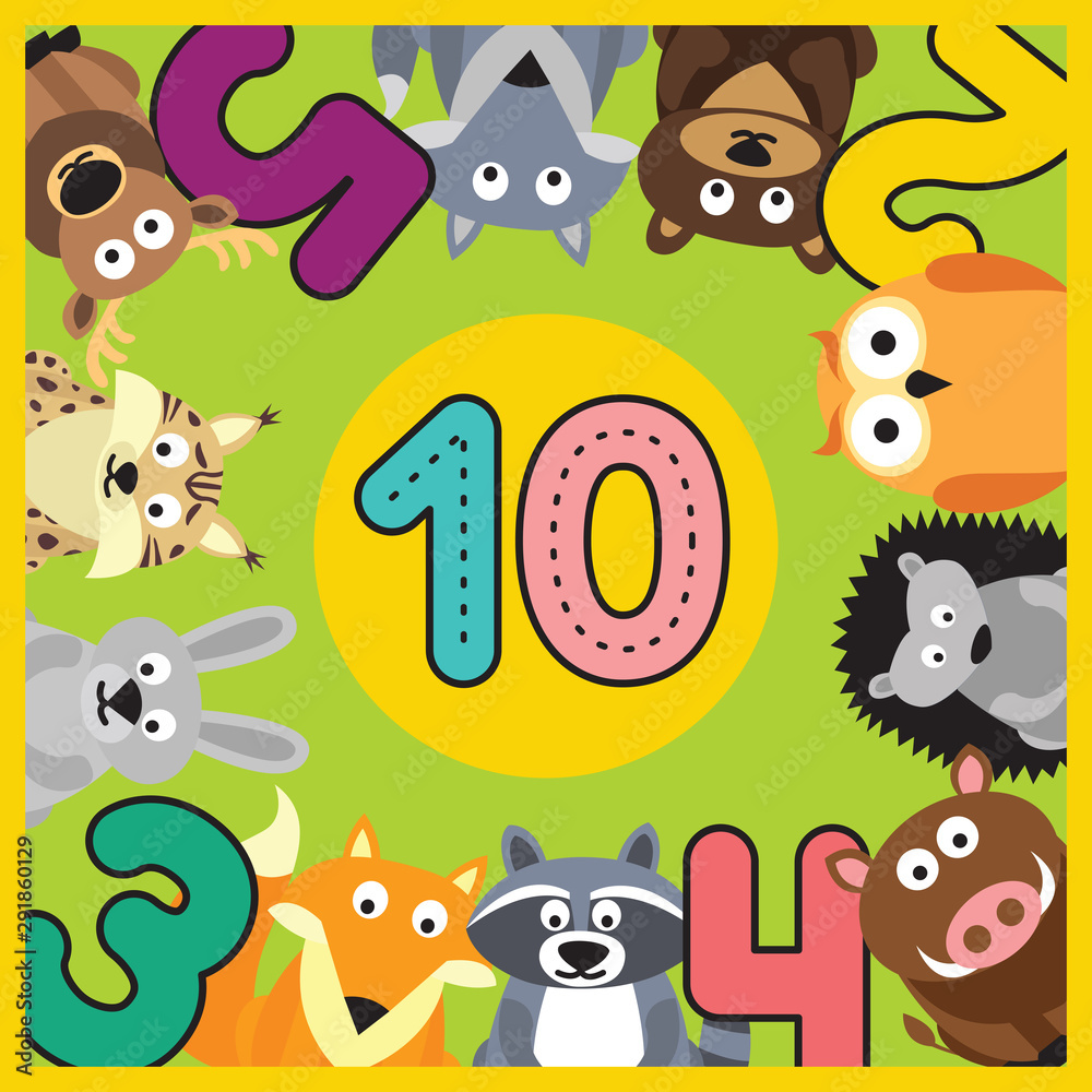 Cover for set of numbers with animals from 1 to 10. Vector flat ...