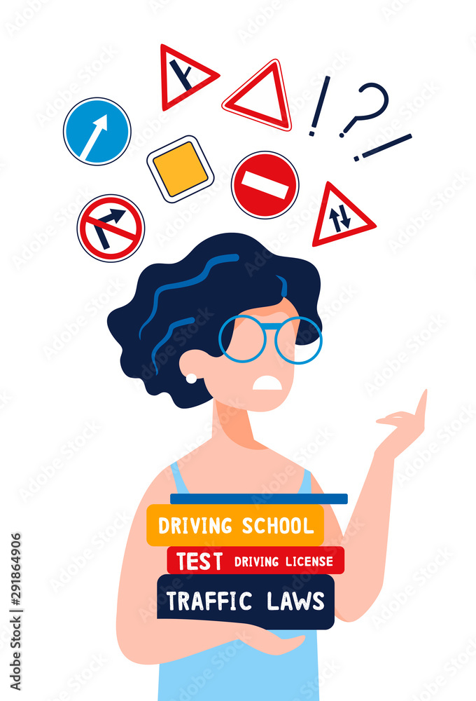 An annoyed young woman who holds driving textbooks is trying to ...