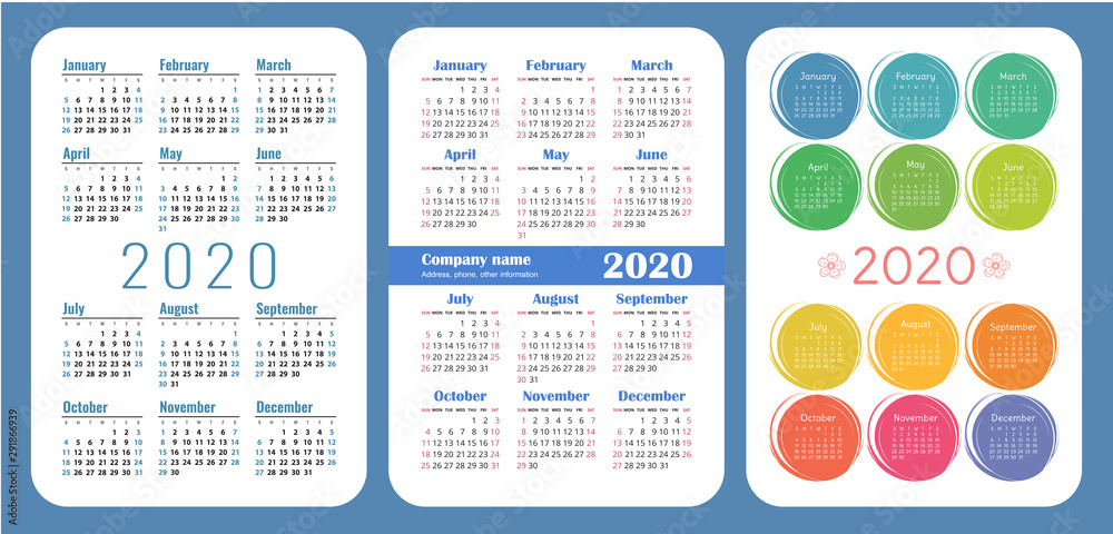 Calendar 2020 year. Pocket card set. Vector design collection. Color ...