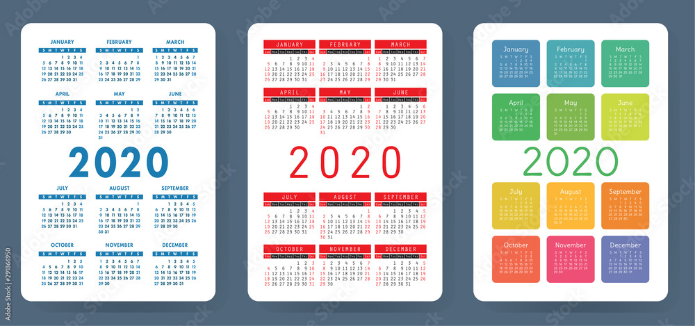 Calendar 2020. Colorful vector set. Pocket calender collection. Week ...