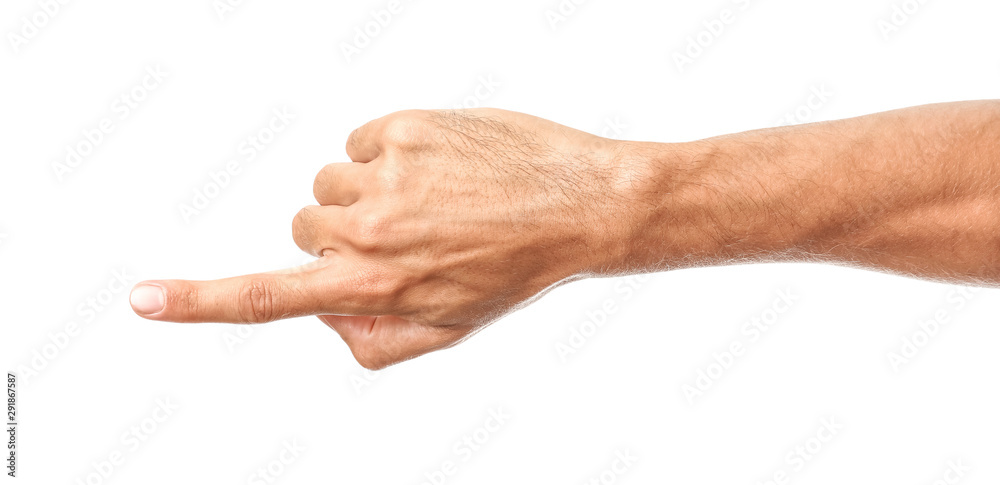 Male hand pointing at something on white background Stock Photo | Adobe ...