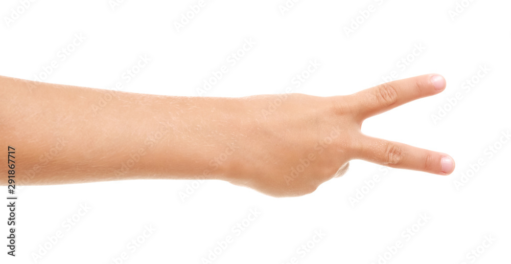 Child's hand showing two fingers on white background Stock Photo ...
