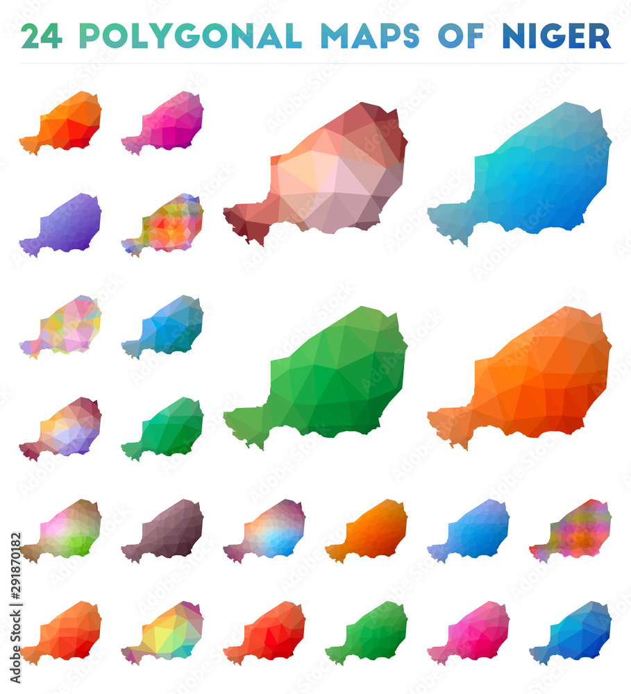 Set of vector polygonal maps of Niger. Bright gradient map of country ...