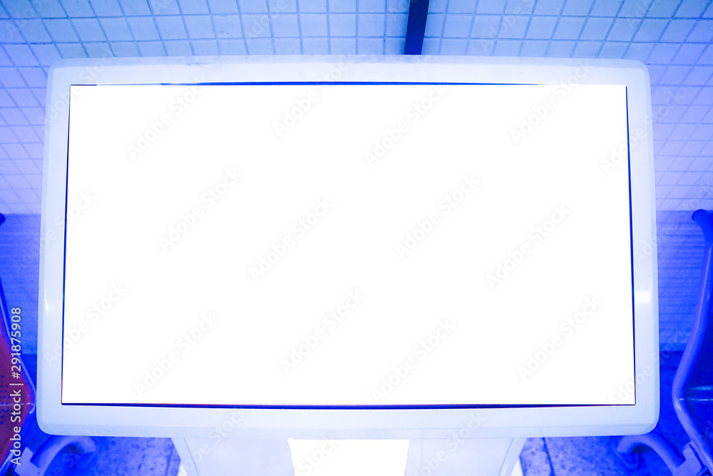 Futuristic neon empty frame on white wall. White screen billboard mock ...