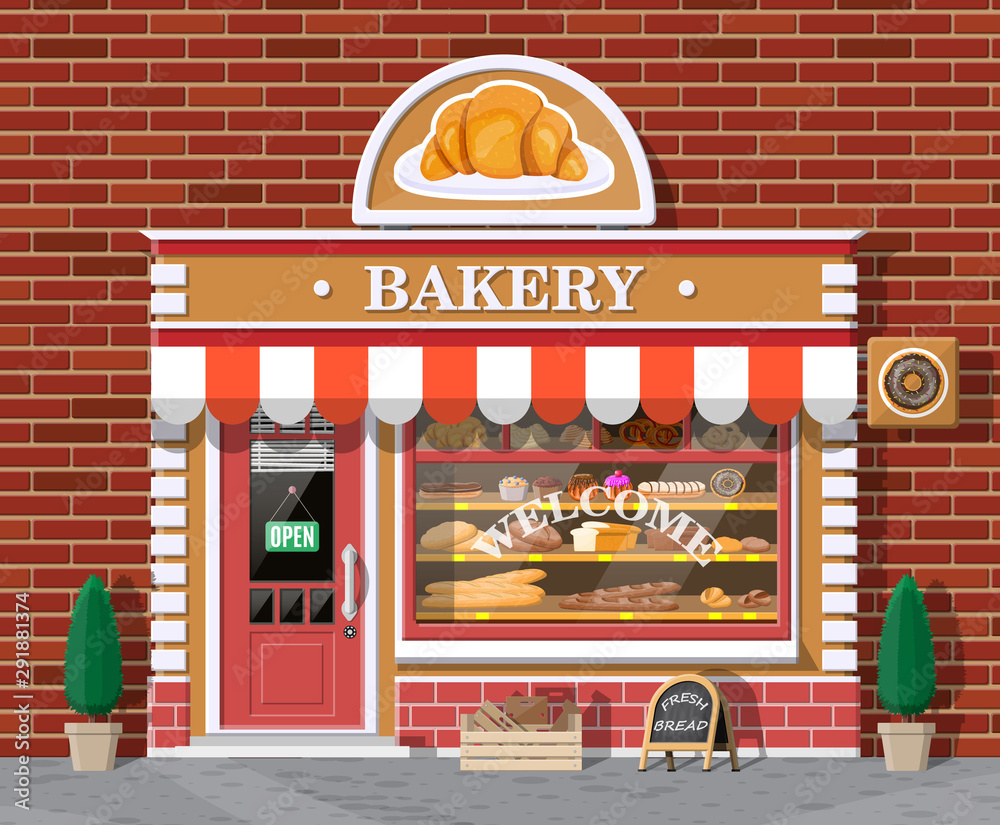 Bakery shop building facade with signboard. Baking store, cafe, bread ...