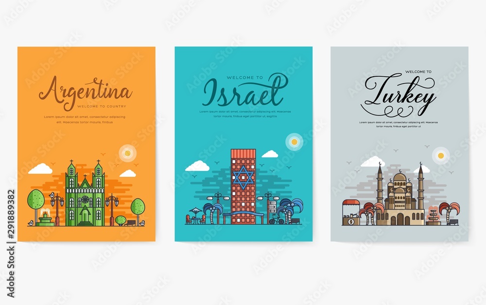 Set of different cities for travel destinations. Landmarks banner ...