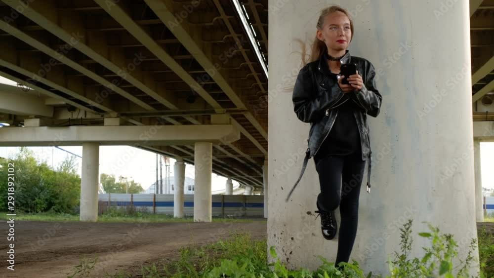 Girl Cold Wind Leather Jacket Mobile Bridge Pier. Attractive Female ...