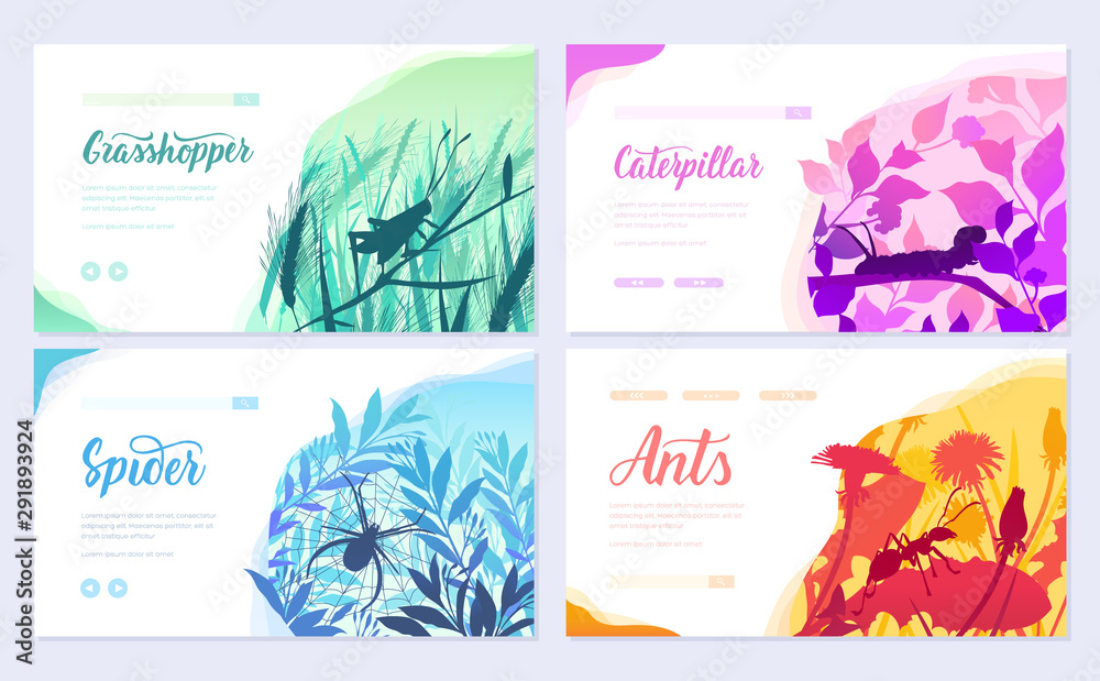 Brochures with insects in the microcosm. set of flyers with beetles in ...