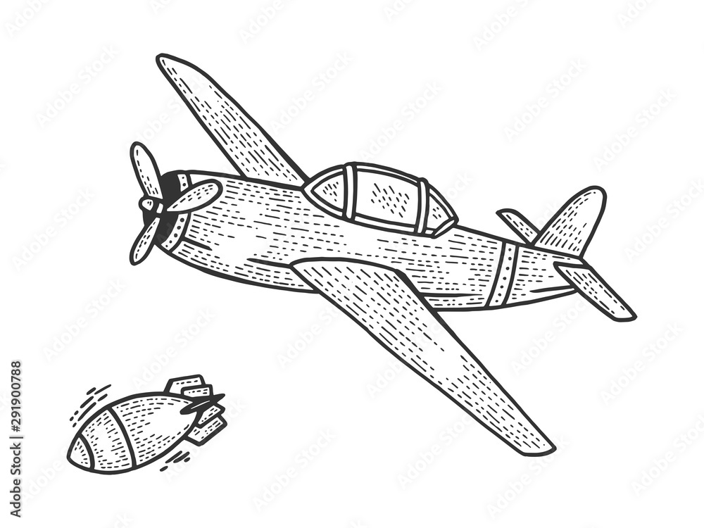 Bomber plane drops bomb sketch engraving vector illustration. Scratch ...