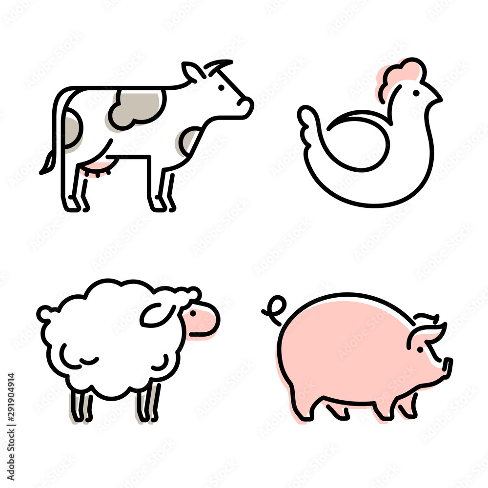 Farm animals vector icon. Sheep, cow, pig and chicken linear icons ...