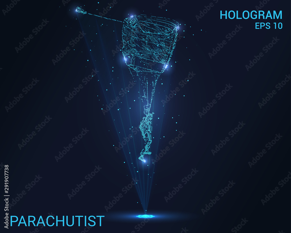 Hologram skydiver. Holographic projection of a parachutist. Flickering ...