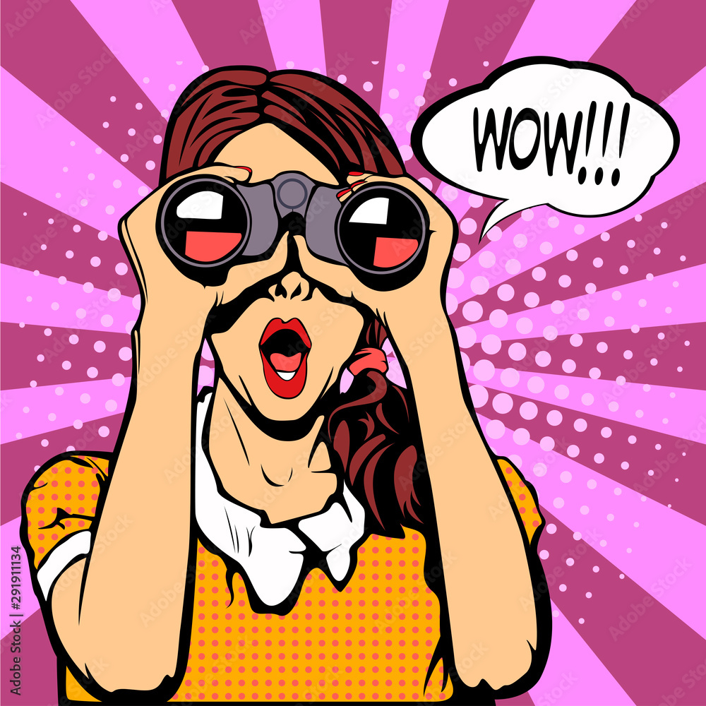 Wow Pop Art Female Face Sexy Surprised Woman With Open Mouth Holding