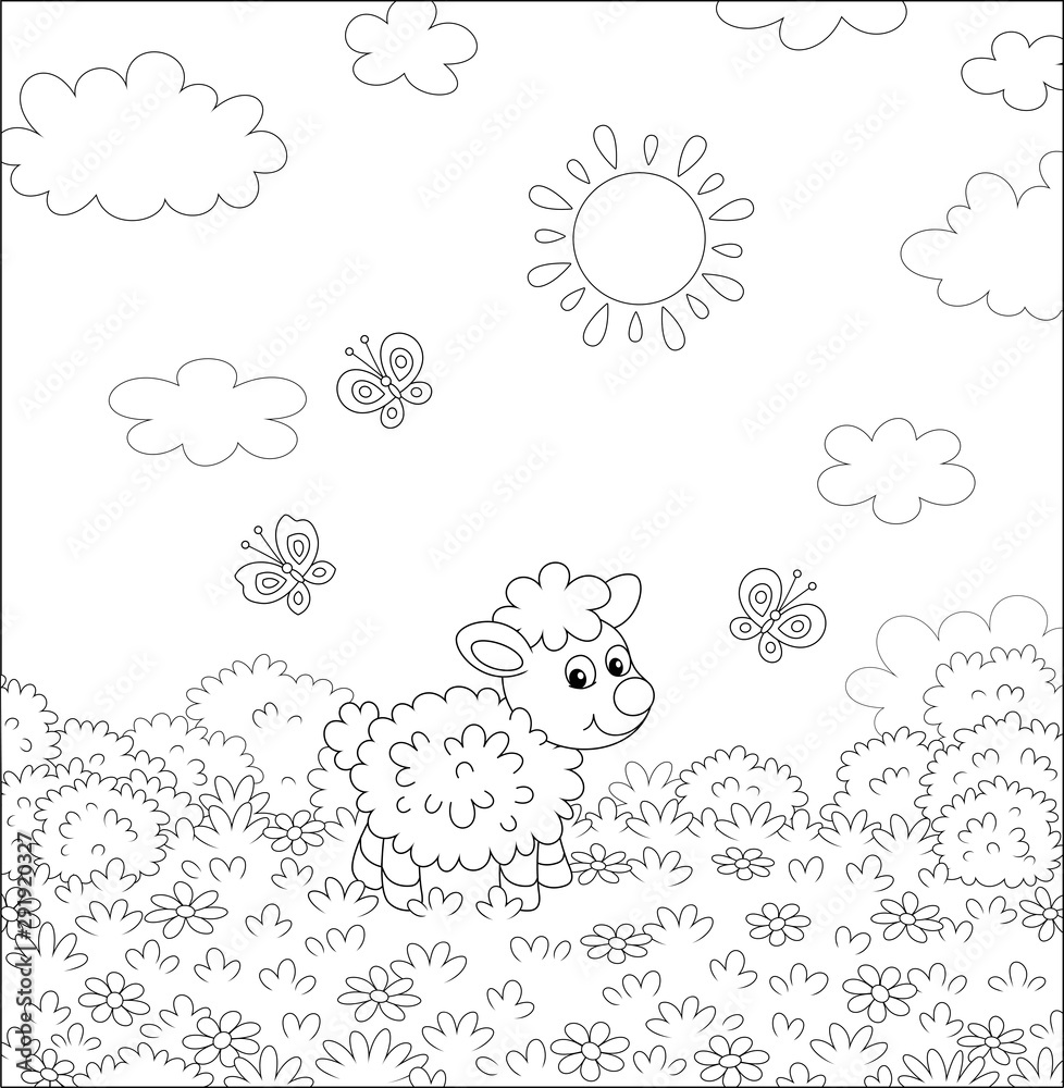 Cute little lamb and flittering butterflies among flowers on a meadow ...