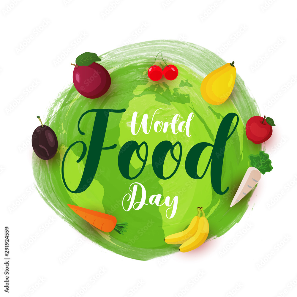 World Food Day poster or template design with fruits, carrot and radish ...