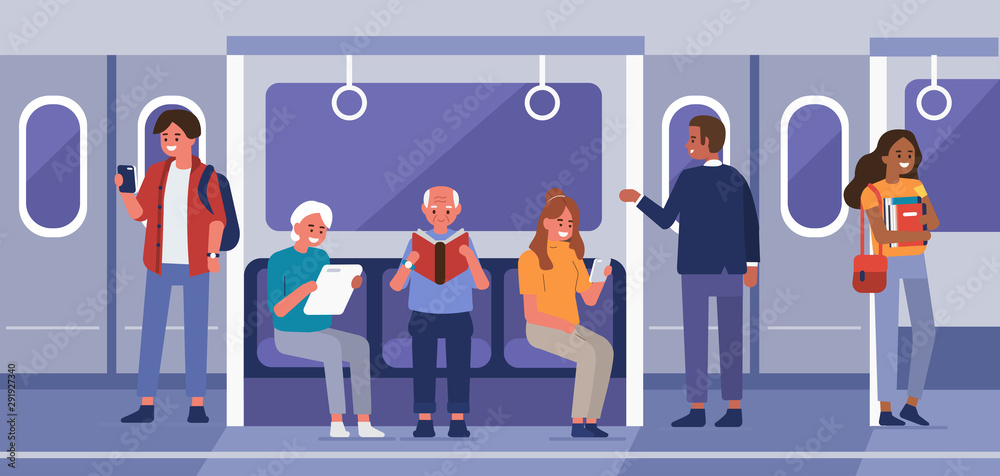 People travel by underground train. Male and female characters sitting ...