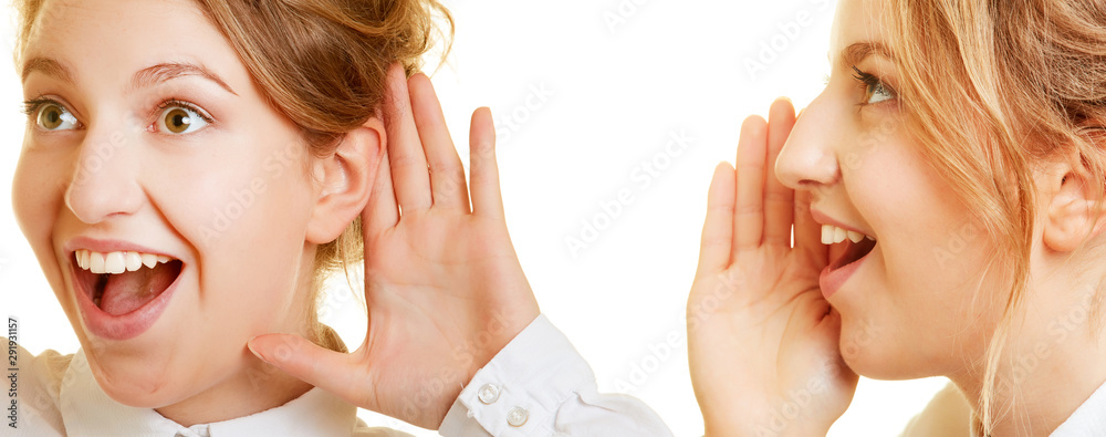 Women talk and listen with hand to mouth and ear Stock Photo | Adobe Stock