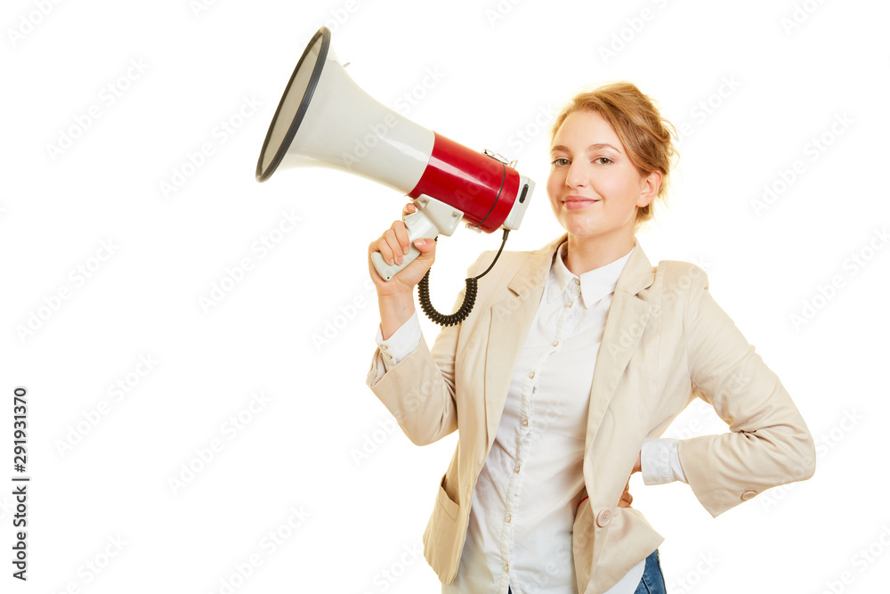 Businesswoman with megaphone makes demand Stock Photo | Adobe Stock