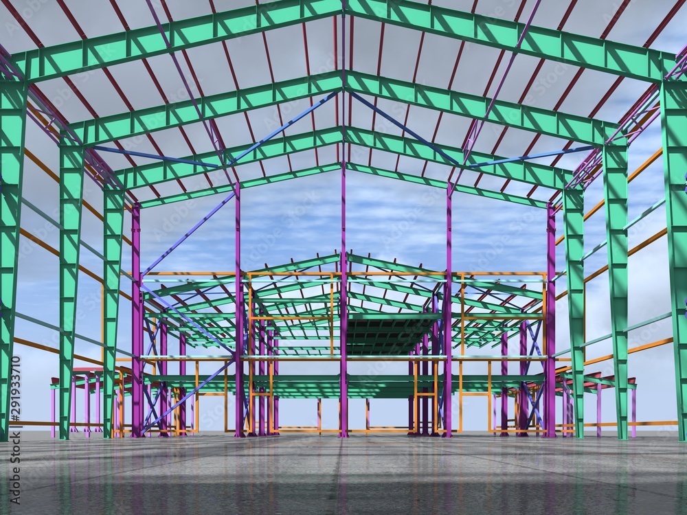 BIM building model of columns, beams, ties, girders. The metal ...