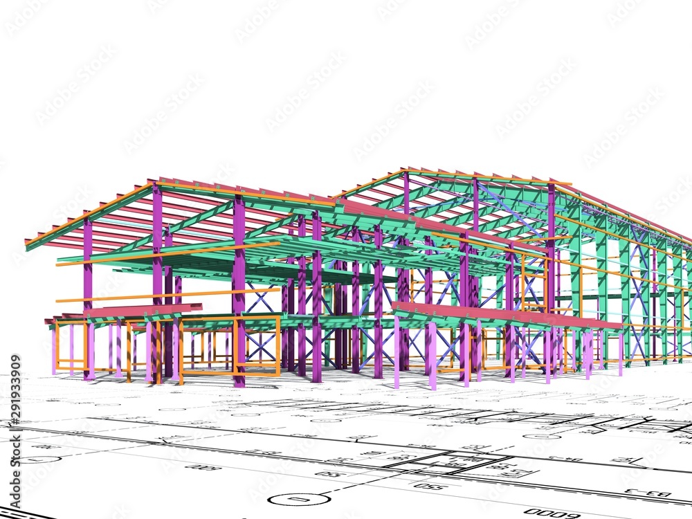 BIM building model of columns, beams, ties, girders. The metal ...