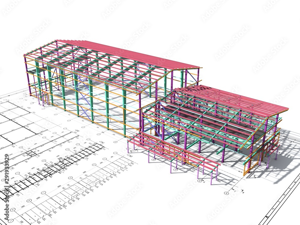 BIM building model of columns, beams, ties, girders. The metal ...