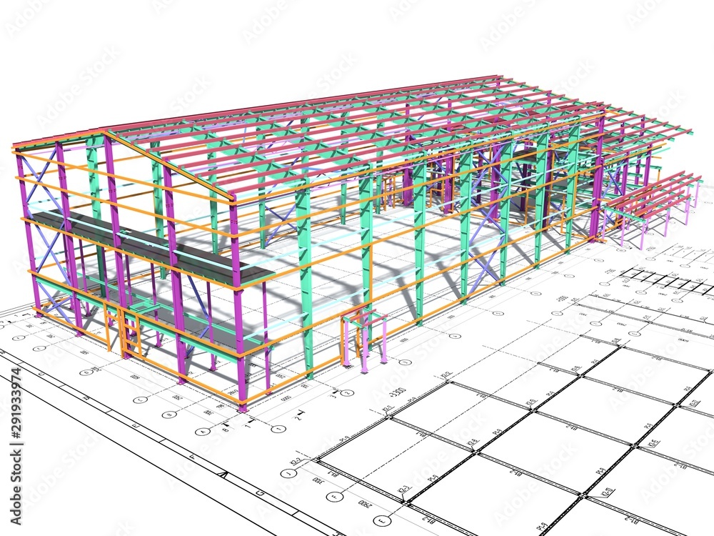 BIM building model of columns, beams, ties, girders. The metal ...