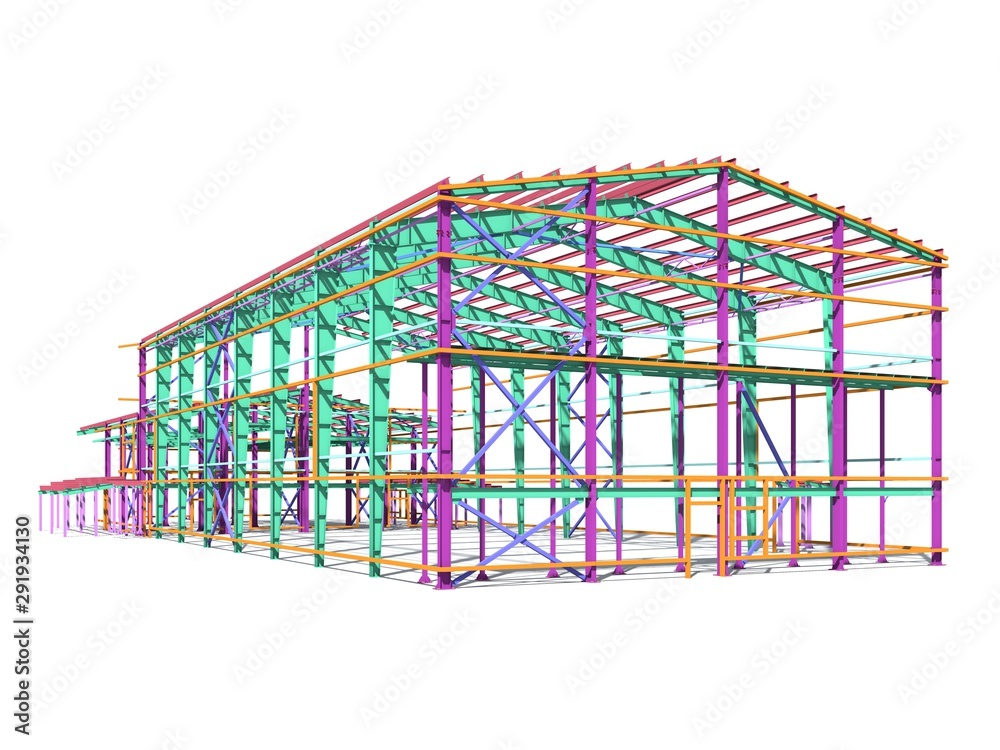 BIM building model of columns, beams, ties, girders. The metal ...