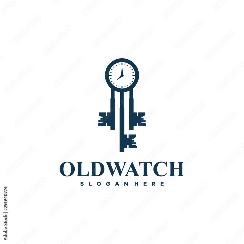 Old pocket watch and key logo template. Vintage key and clock vector ...