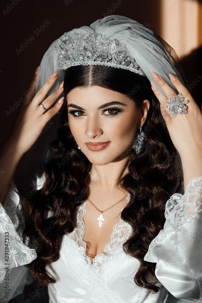 Beautiful brunette Bride portrait wedding makeup and hairstyle with ...