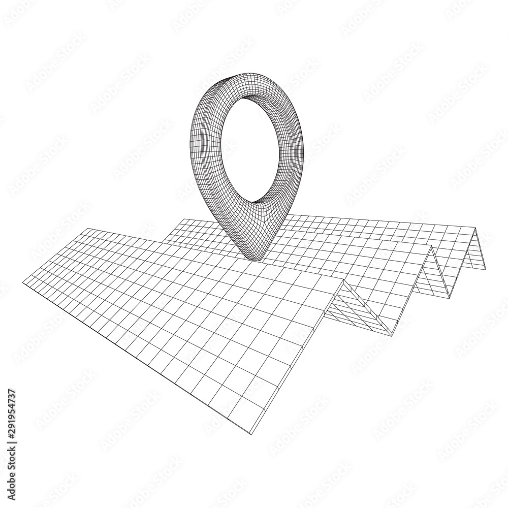 Geo map pin with folding map. Place symbol GPS pictogram. Wireframe low ...