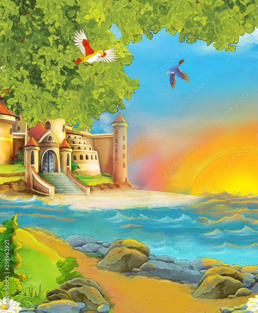 cartoon scene of beautiful castle by the beach and ocean or sea ...