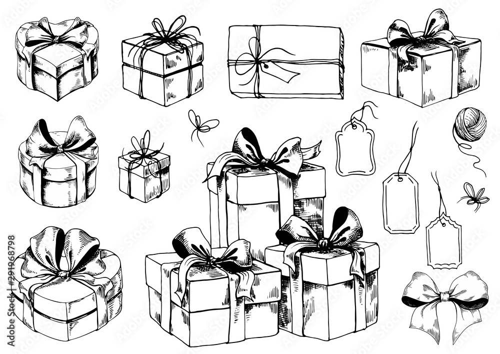 Set of sketched gift boxes and accessories. Hand drawn vector ...