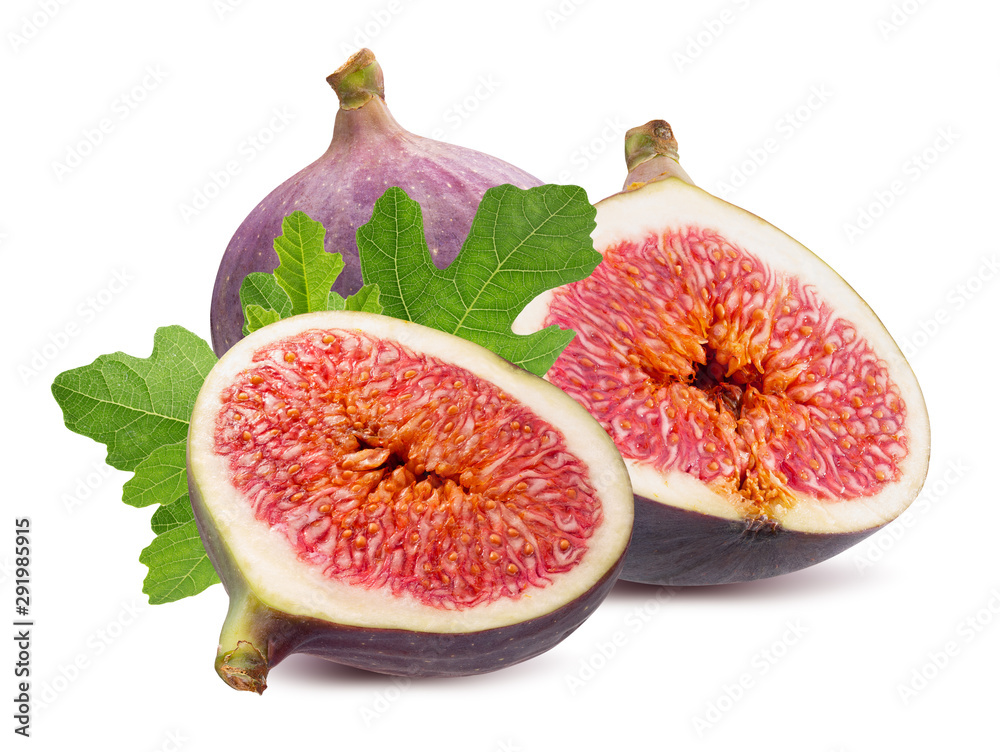fig with half of fig and leaves isolated on a white background Stock ...