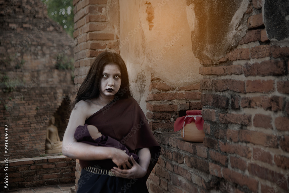 Ancient Thai ghost in traditional costume that appear in History. The ...