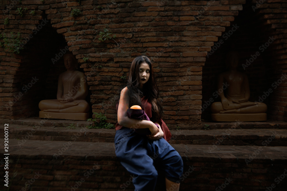 Ancient Thai ghost in traditional costume that appear in History. The ...