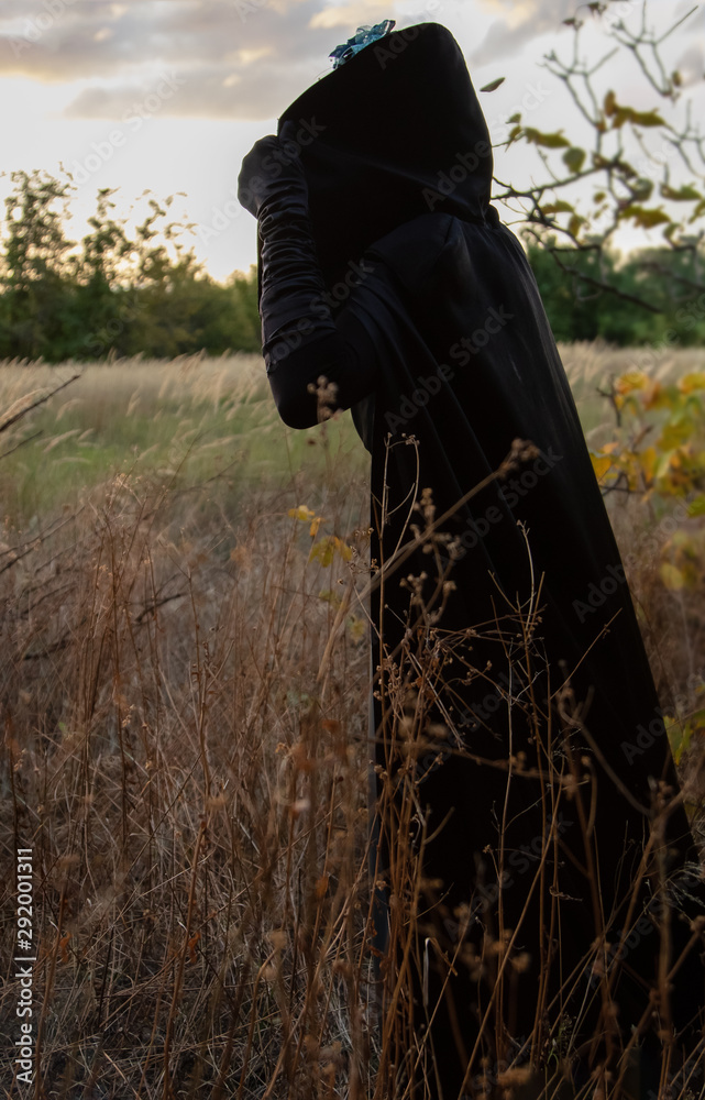 silhouette of a witch with a hidden face in a black cloak, maleficent ...