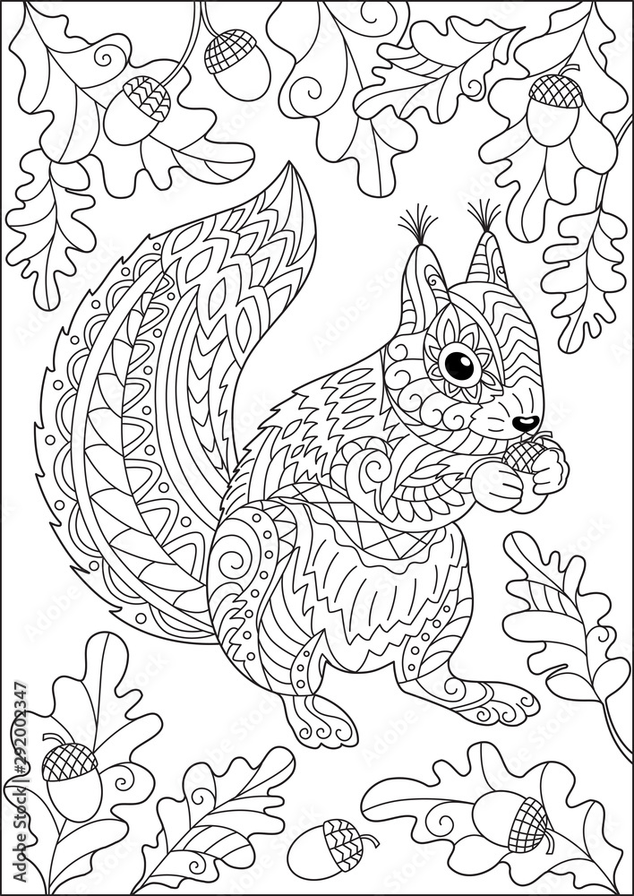 Squirrel and autumn oak leaves and acorns coloring page for adult and ...