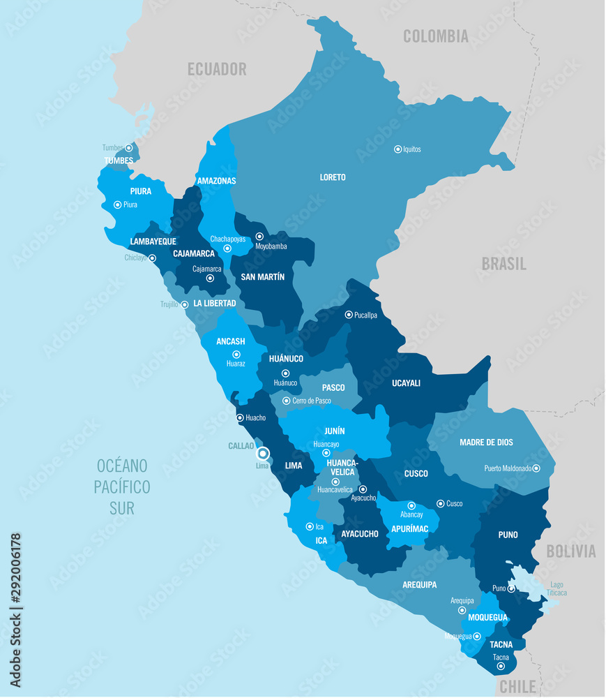 Peru vector map with separated provinces and capitals. Flat style ...