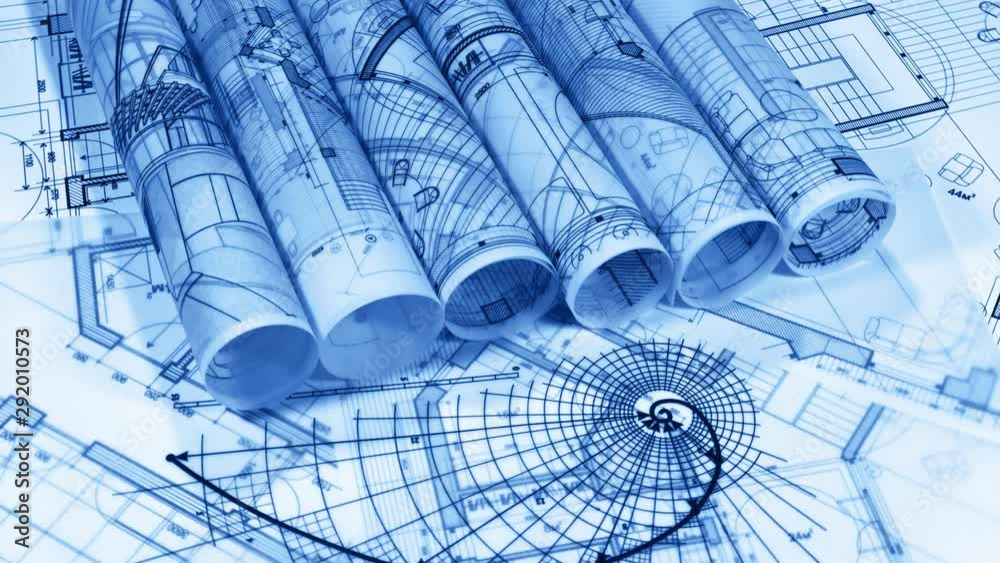Stockvideo Blueprints - rolls of architectural drawings and drawing of ...