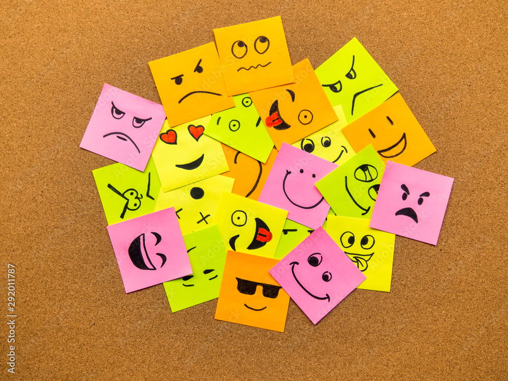 various post it notes with memes on cork board Stock Photo | Adobe Stock