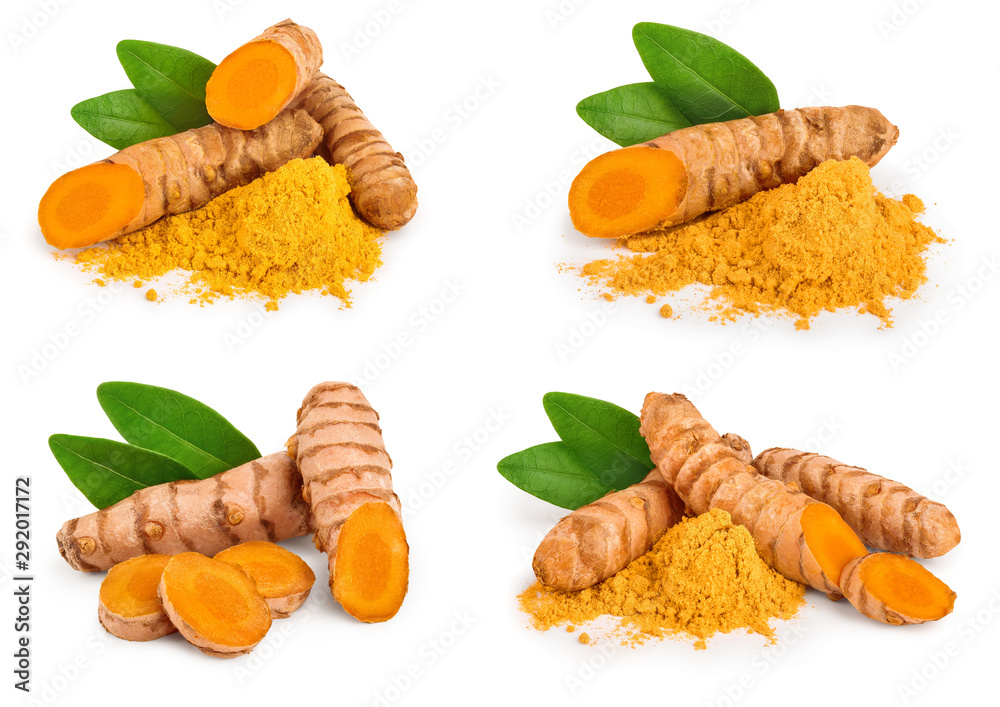 Set or collection turmeric powder and turmeric root isolated on white ...