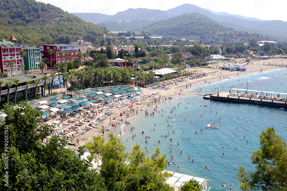 Sunny Alanya beach in Turkey with sea view. Konakli old town View from ...