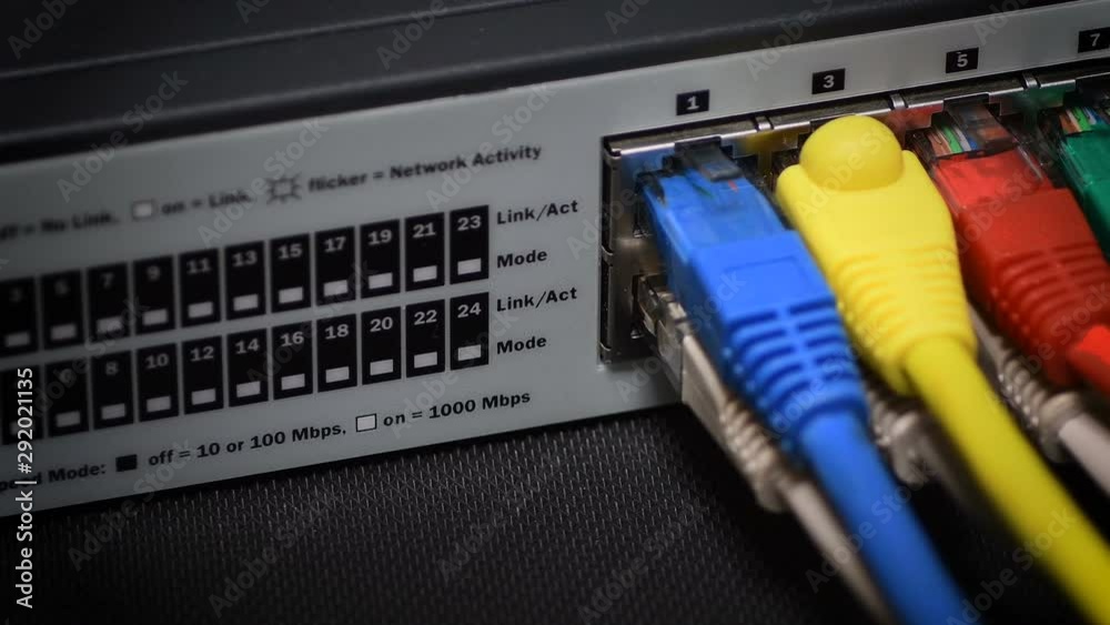 Detail of RJ45 Lan cable on network switch in data center. 4K UHD Video ...