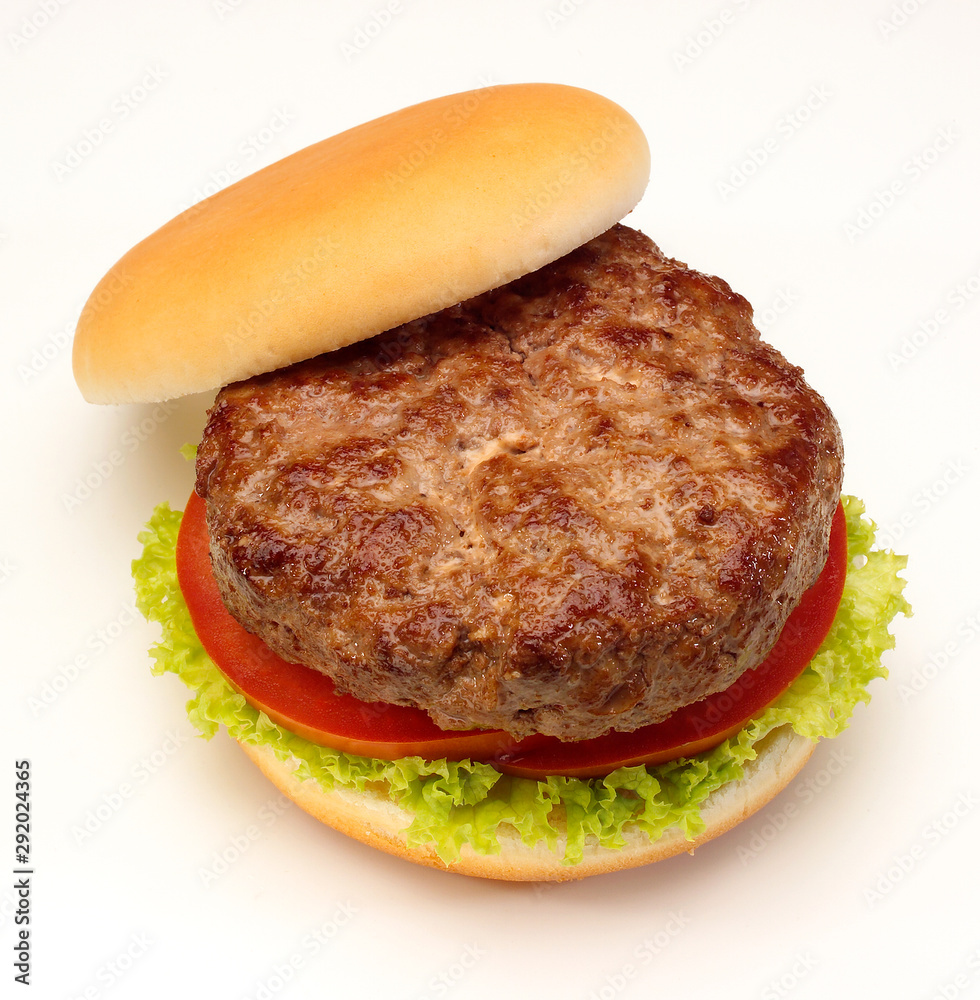 Homemeade plain beef burger in bun, top view with removed bun top Stock ...