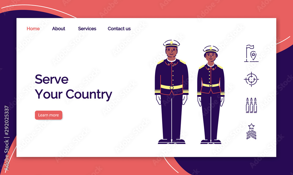 Army service landing page vector template. US soldiers website ...