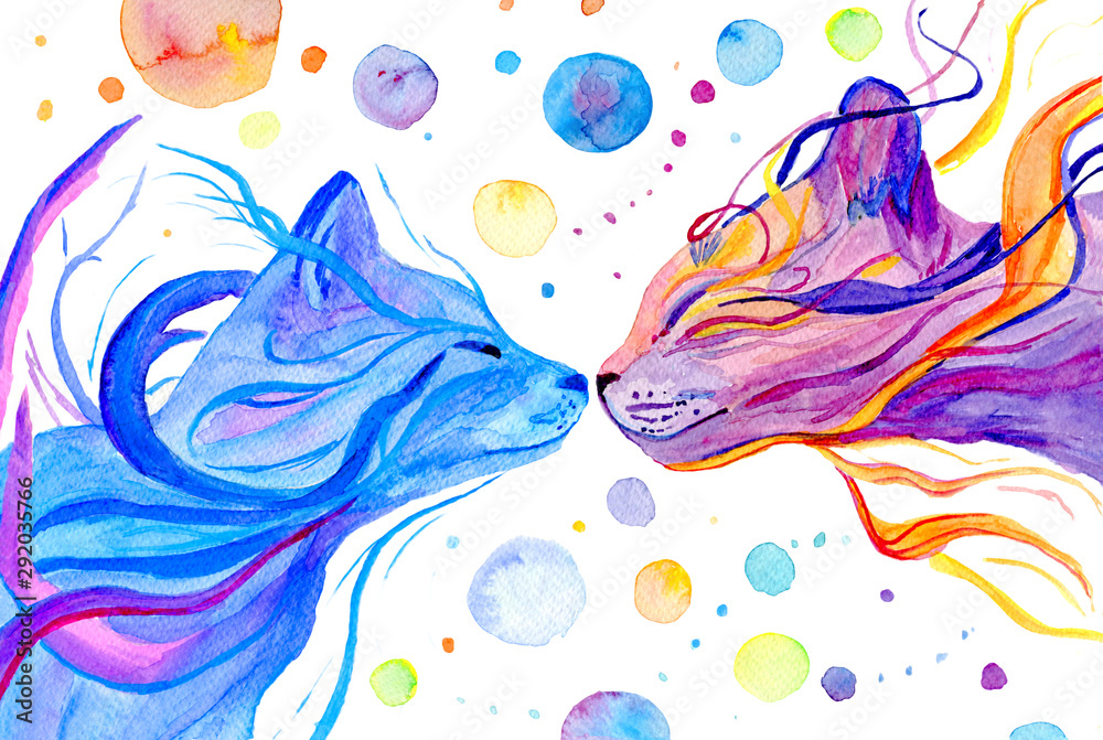 Watercolor multi colored cats isolated on white background. Hand ...