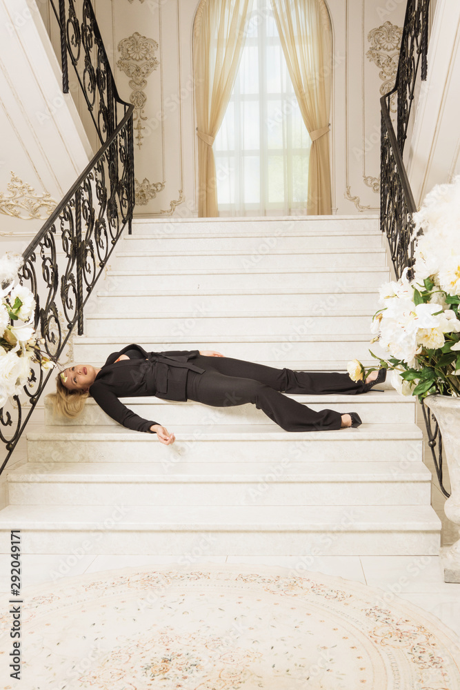 Crime scene. Business woman shot to death on the luxury stairs .. Stock ...