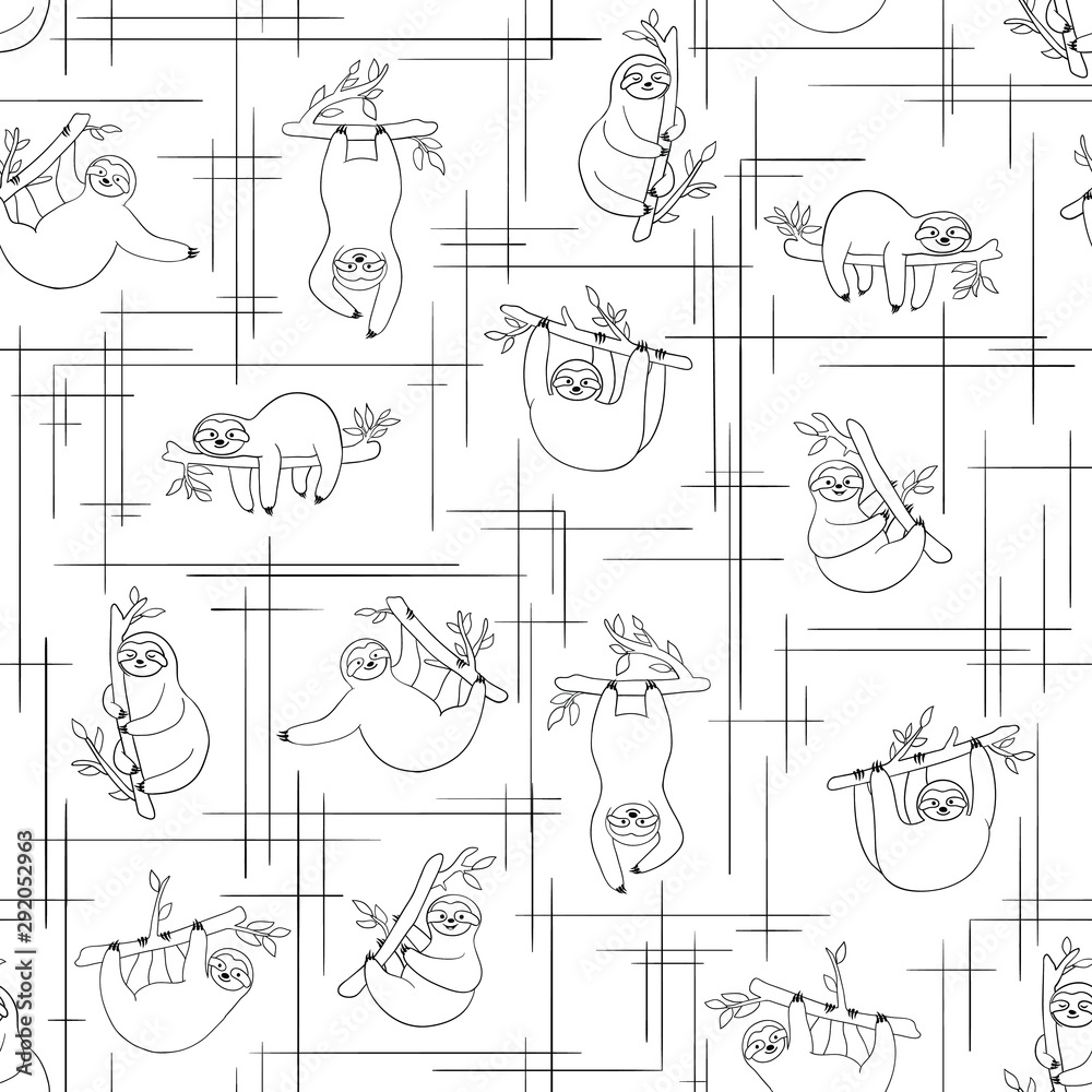 Seamless pattern with cute baby sloths hanging on the tree. Black and ...