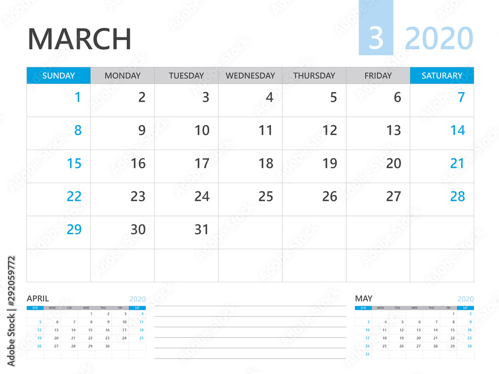 Calendar 2020 template, MARCH 2020 year, corporate design planner ...