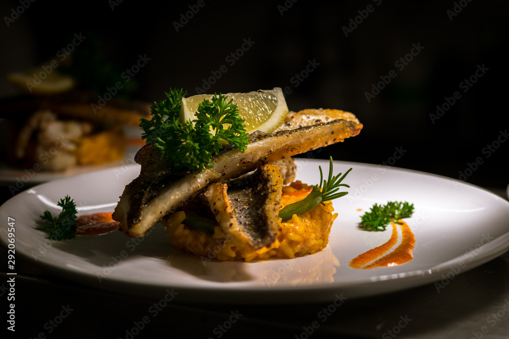 Michelin star food photography- fish fillet Stock Photo | Adobe Stock